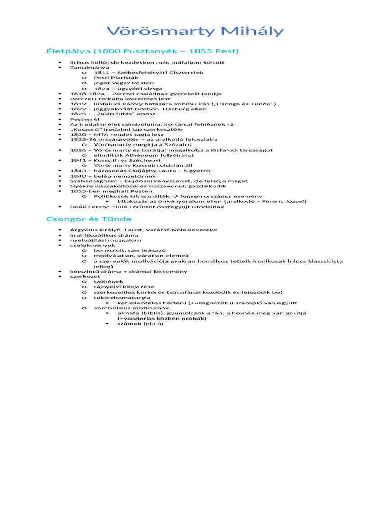 Vörösmarty Mihály Jegyzet | PDF