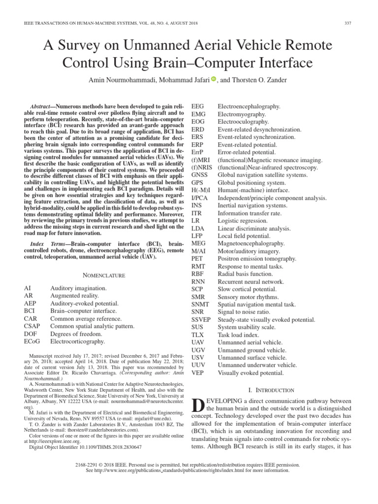 A Survey On Unmanned Aerial Vehicle Remote Control Using BrainComputer Interface | PDF ...