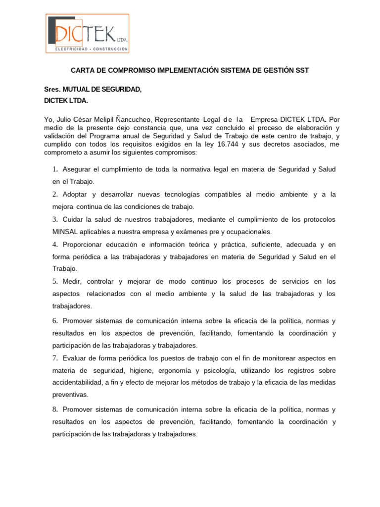 Carta de Compromiso SSO SST | PDF