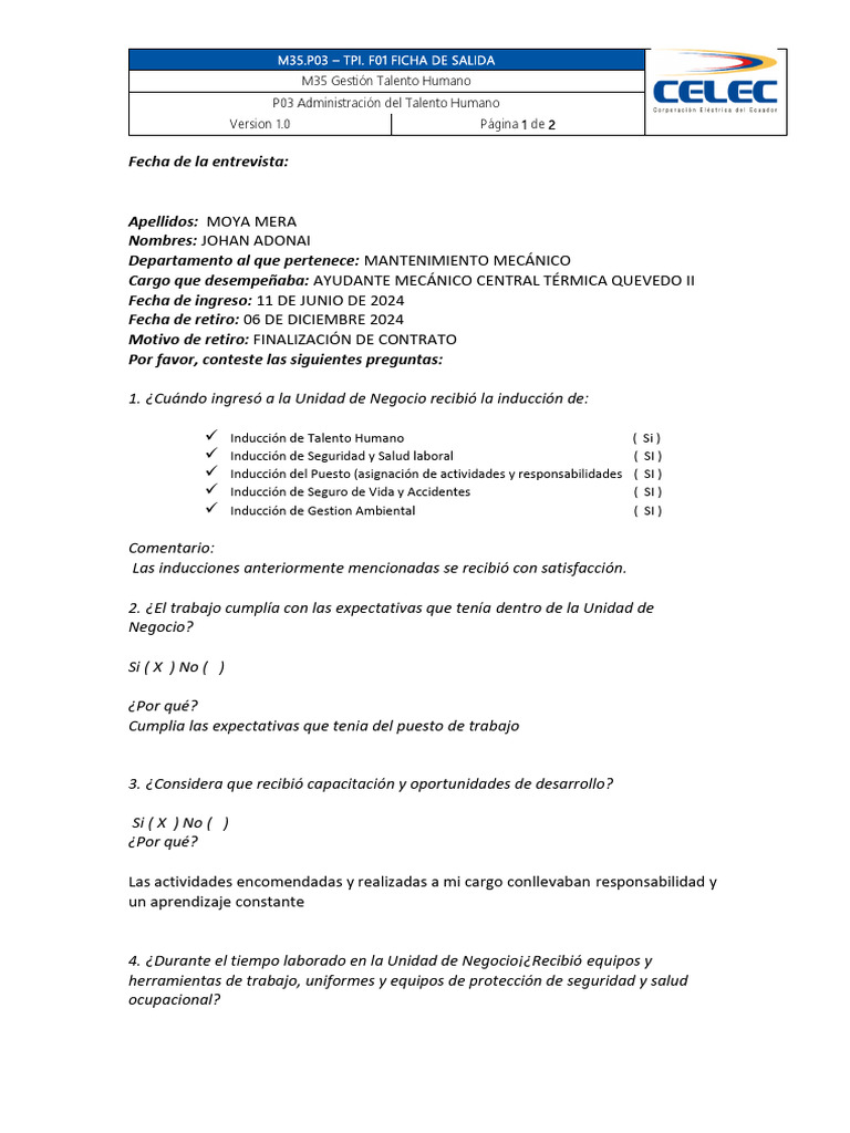 Ficha de Salida: Johan Moya Mera | PDF