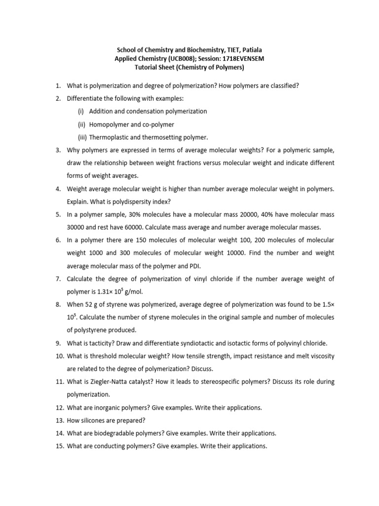 Tutorial Sheet - Chemistry of Polymers | PDF