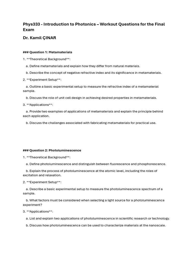 Workout Questions for the Final Exam | PDF | Spectroscopy | Metamaterial