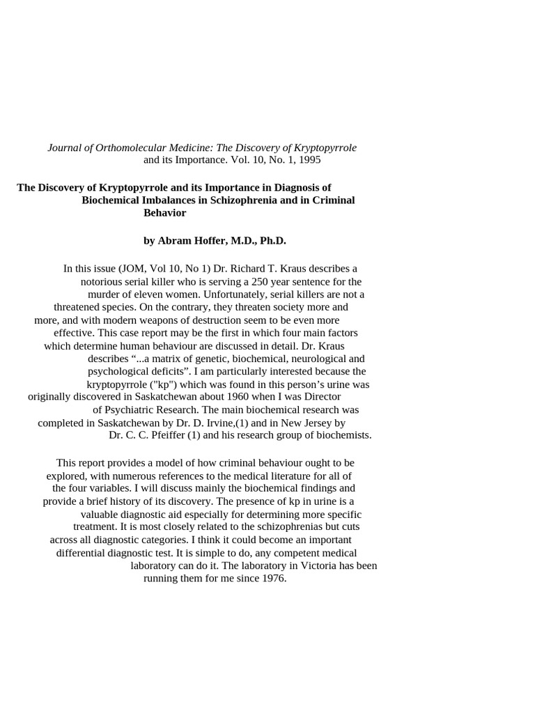 The Discovery of Kryptopyrrole - Hoffer, A | PDF | Schizophrenia ...