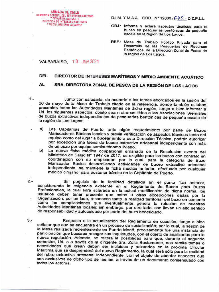 Oficio DIRINMAR para Mesa Bentonicade D.Z.P Los Lagos Jun.2021 | PDF