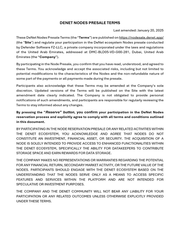 DeNet_Node_Presale_Terms | PDF | Indemnity | Cryptocurrency