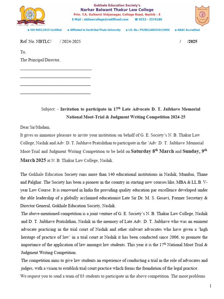 17th Late Advocate D. T. Jaibhave Memorial National Moot-Trial ...