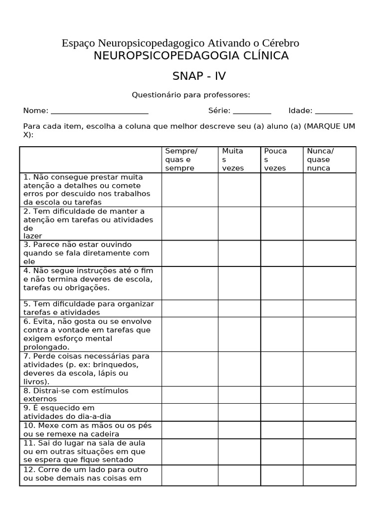 SNAP IV Professores TDAH | PDF