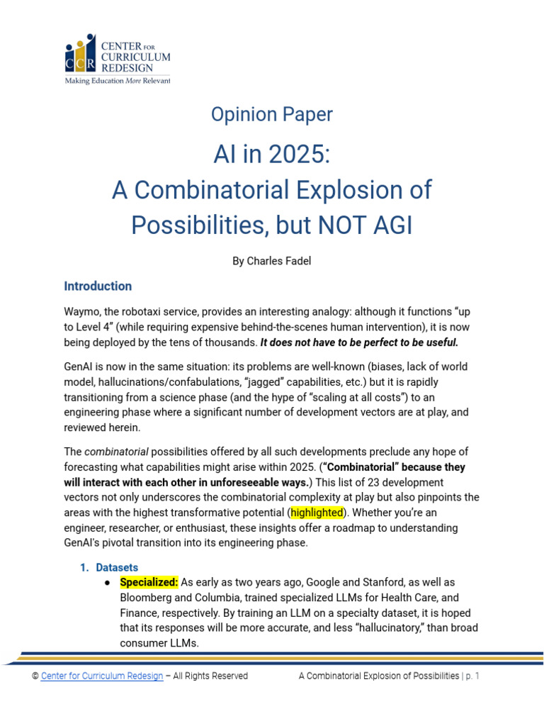 AI in 2025 A Combinatorial Explosion of Possibilities But NOT AGI CCR | PDF | Artificial ...
