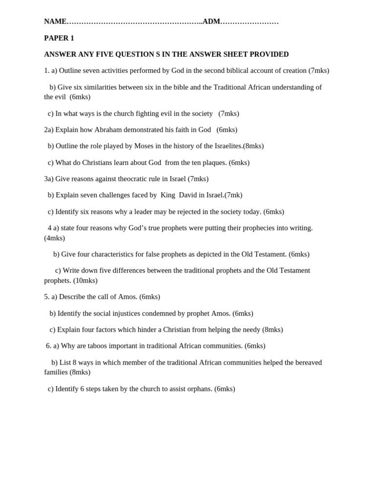 NAME ..ADM Paper 1 Answer Any Five Question S in The Answer Sheet ...