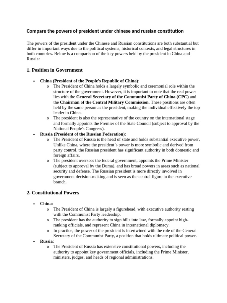 Compare The Powers of President Under Chinese and Russian Constitution ...
