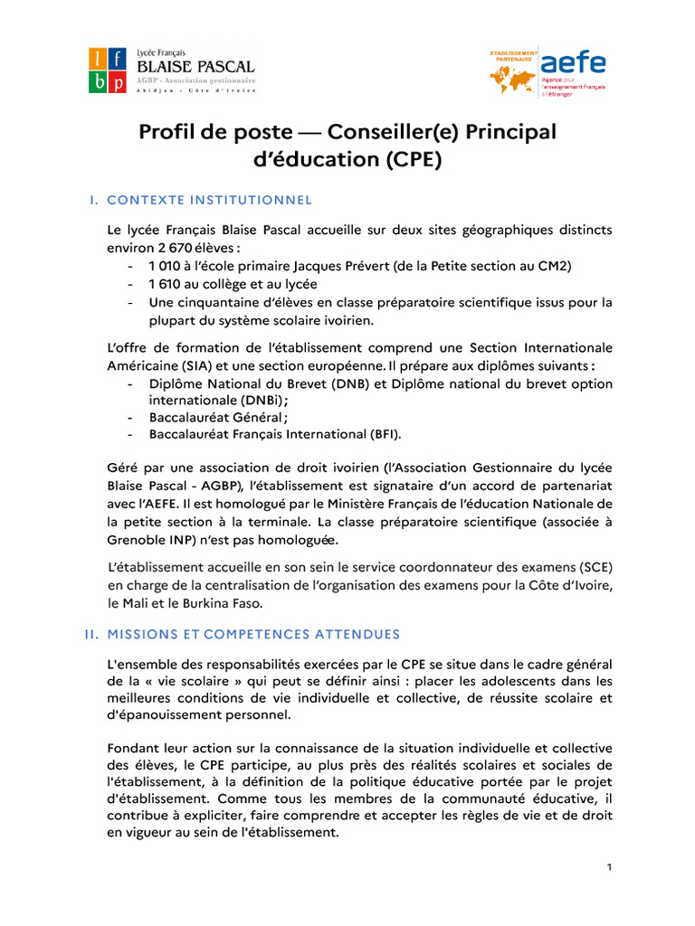 Fiche de Poste - CPE | PDF