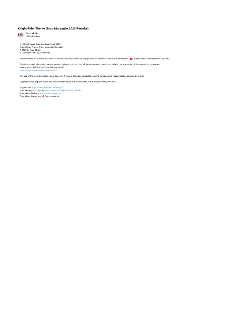 Knight Rider Theme Enzo Margaglio 2023 Remake Youtube Pdf