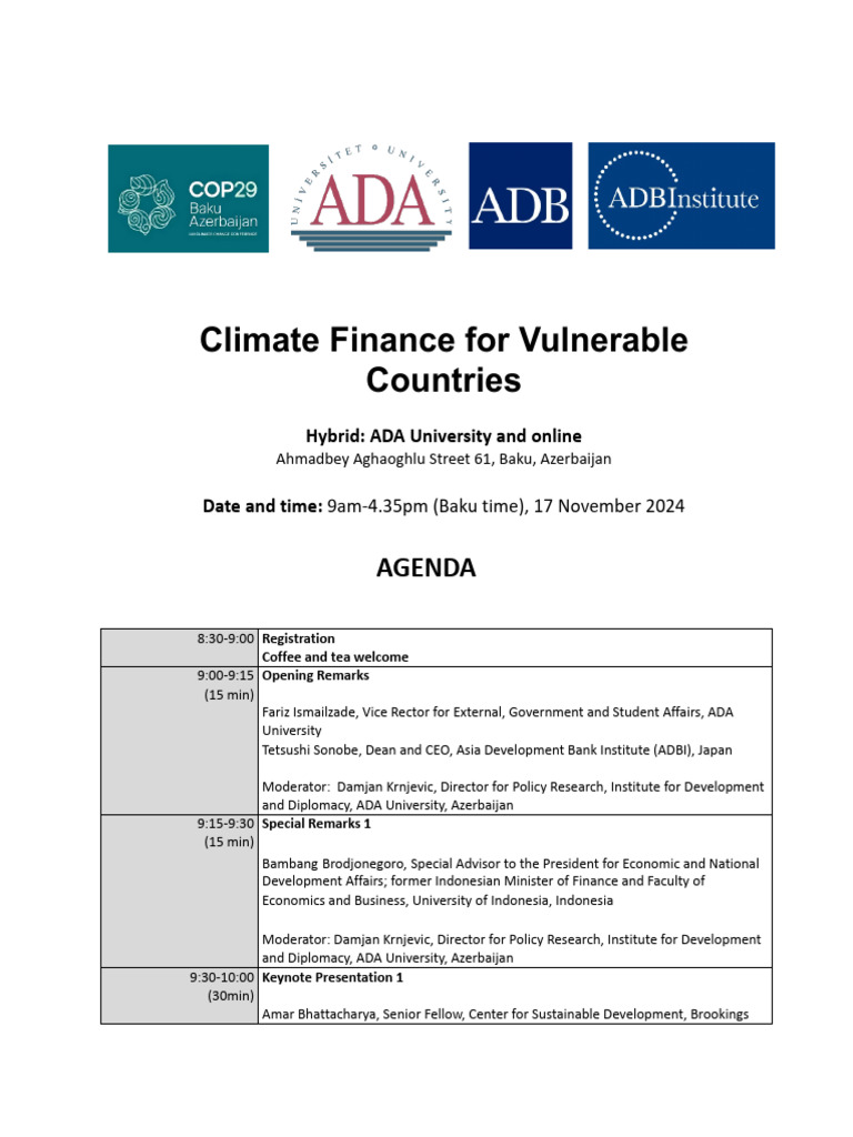 Agenda-Climate-Finance ADA COP 29 | PDF | Asian Development Bank ...