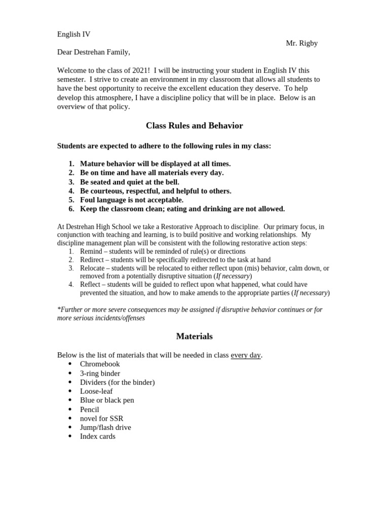 Dear Destrehan Family English IV Parent Letter 2020 21 | PDF ...