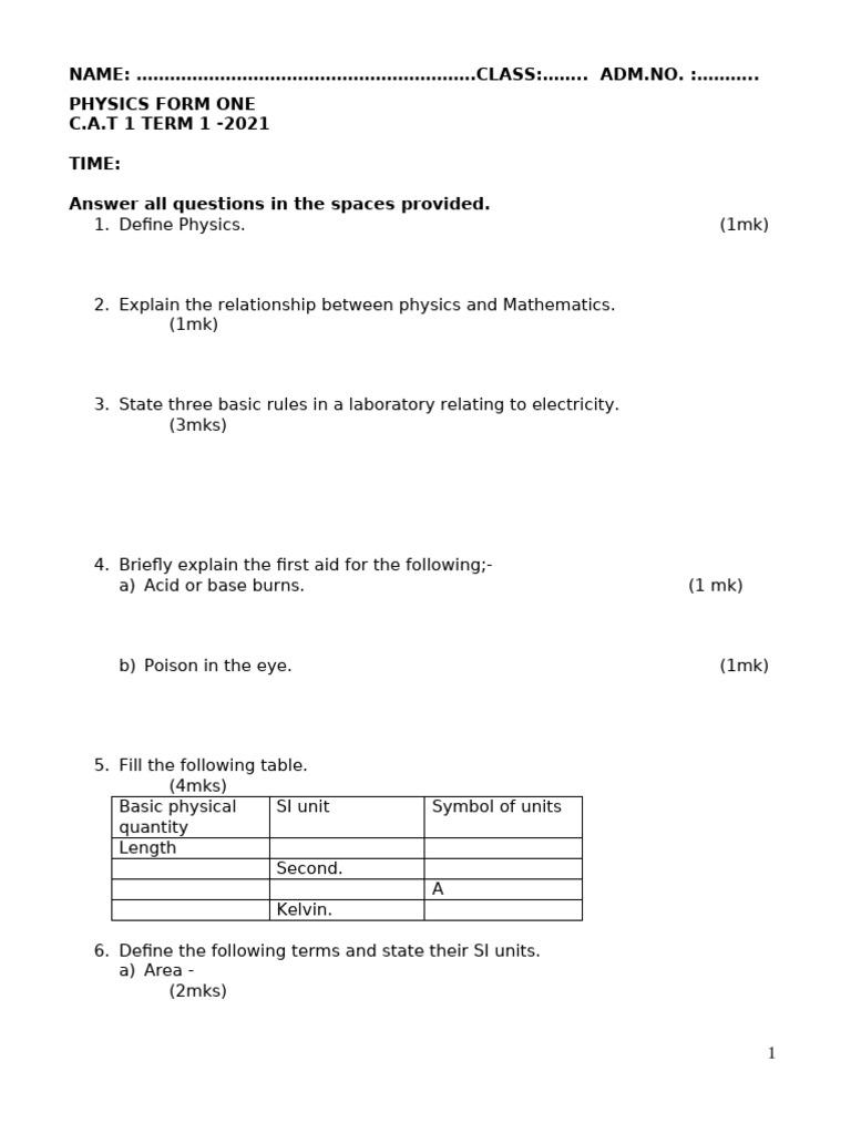 Set1 Phys Cat 1 MidTerm 1 2021 Teacher - Co .Ke F1 Exam | PDF