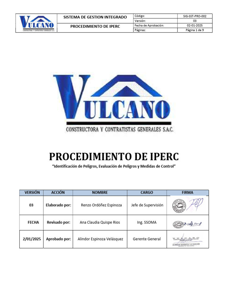 06 Sig-Sst-Pro-002. Procedimiento de Iperc 2025 | PDF | Evaluación de riesgos | Riesgo