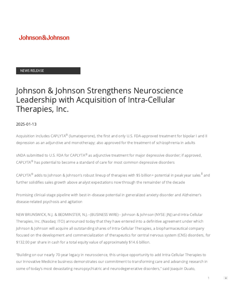 Johnson Johnson Strengthens Neuroscience Leadership With Acquisition of ...