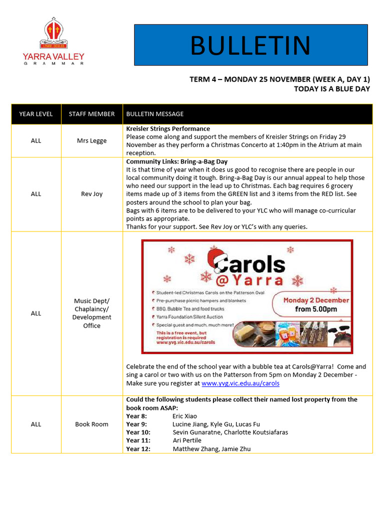 Term 4 Bulletin: Events & Announcements | PDF