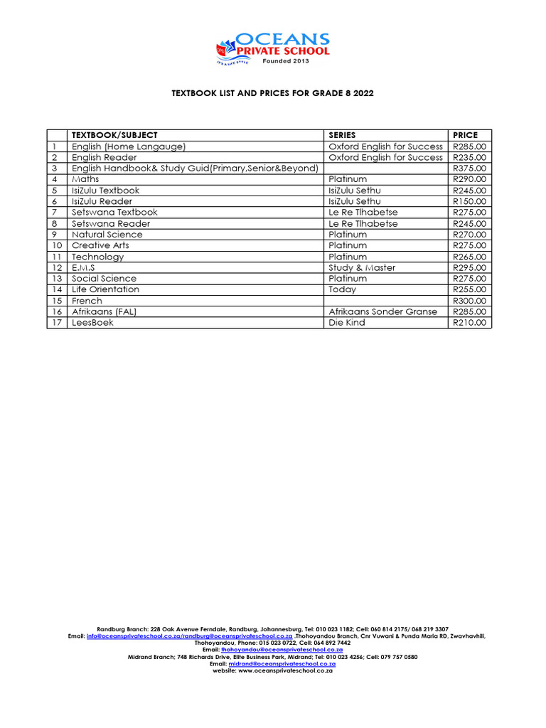 Grade 8 Textbook Prices 2022 | PDF