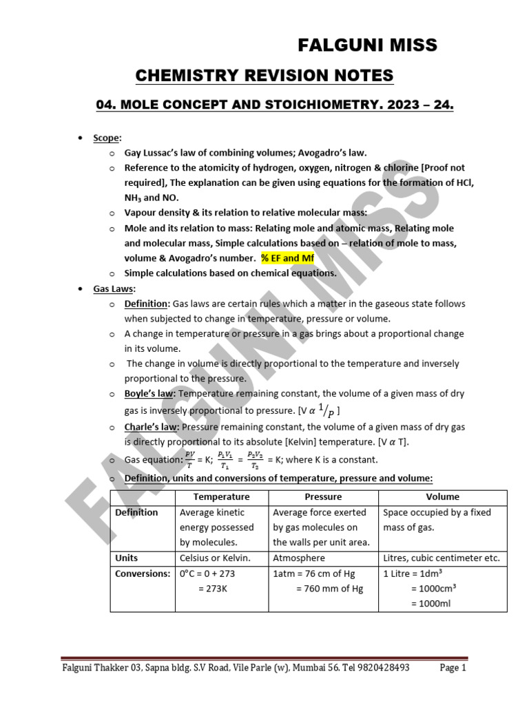 04 CHEM X ICSE Mole Concept and Stoichiometry | PDF | Mole (Unit ...