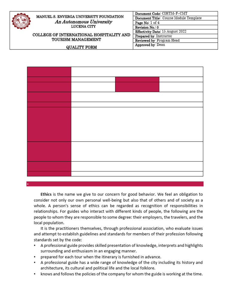 ITM111 - Module 7 Week12-13-Professional Ethics in Tour Guiding Mrose | PDF