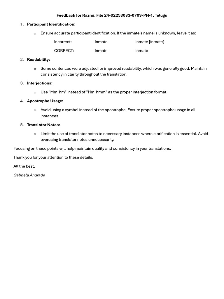 Feedback for Razmi - Telugu | PDF