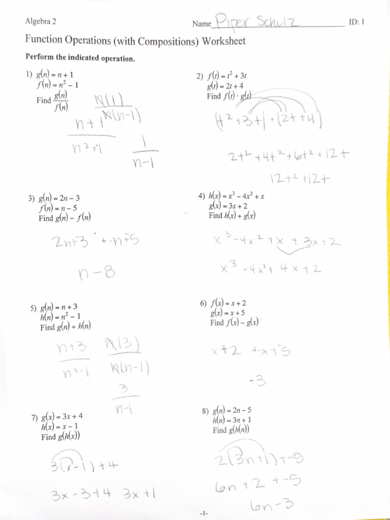 Function Operations W: Compositions Wrksheet | PDF
