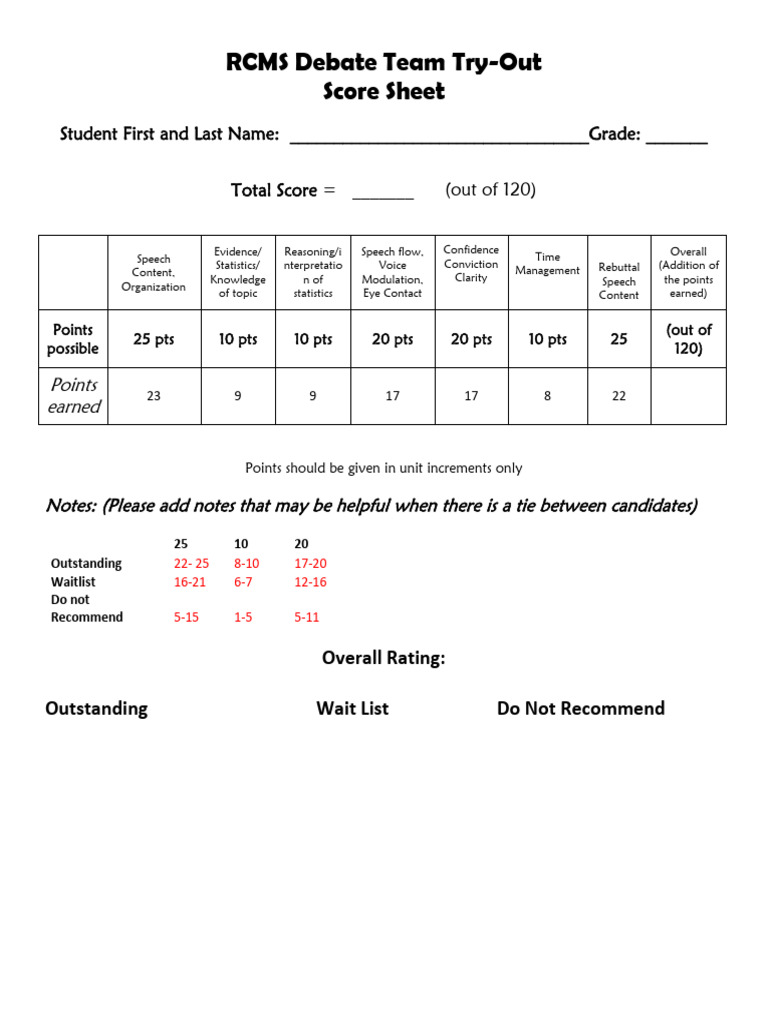 DebateTryOutScoreSheet - 2019-2020 For Judges Sample | PDF