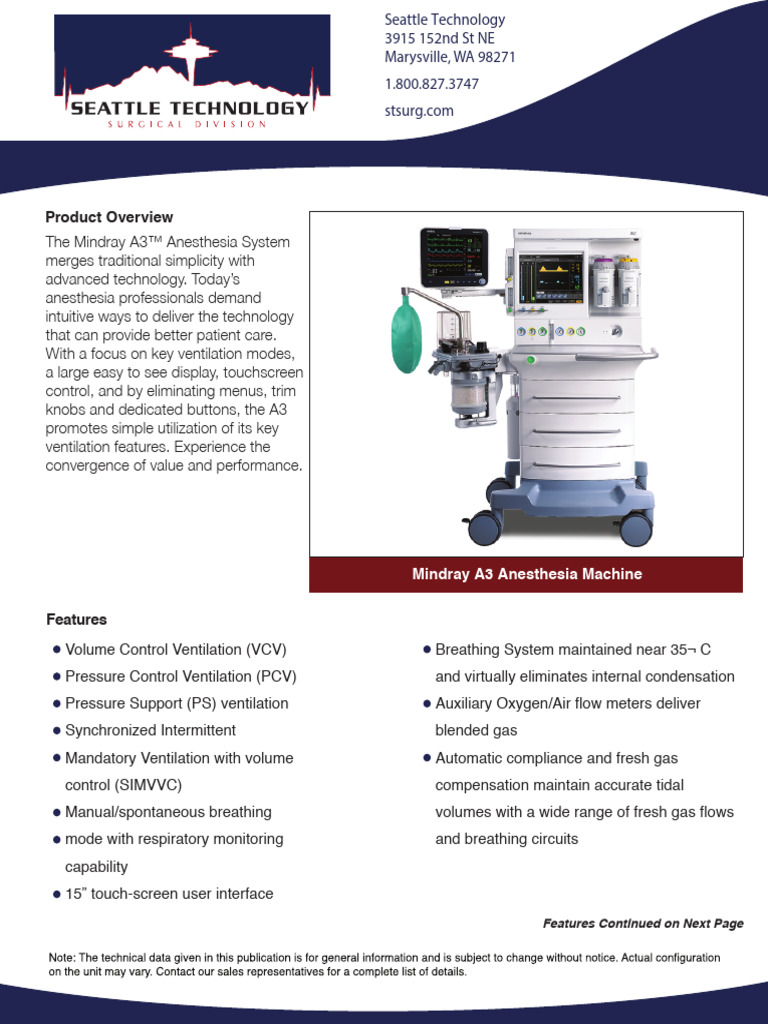 Mindray A3 Anesthesia Machine | PDF | Equipment | Respiration