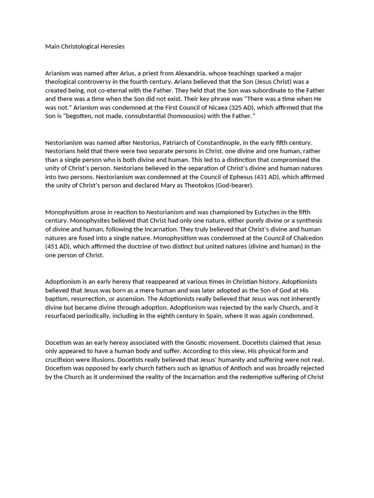 Main Christological Heresies | PDF | Christology | Arianism