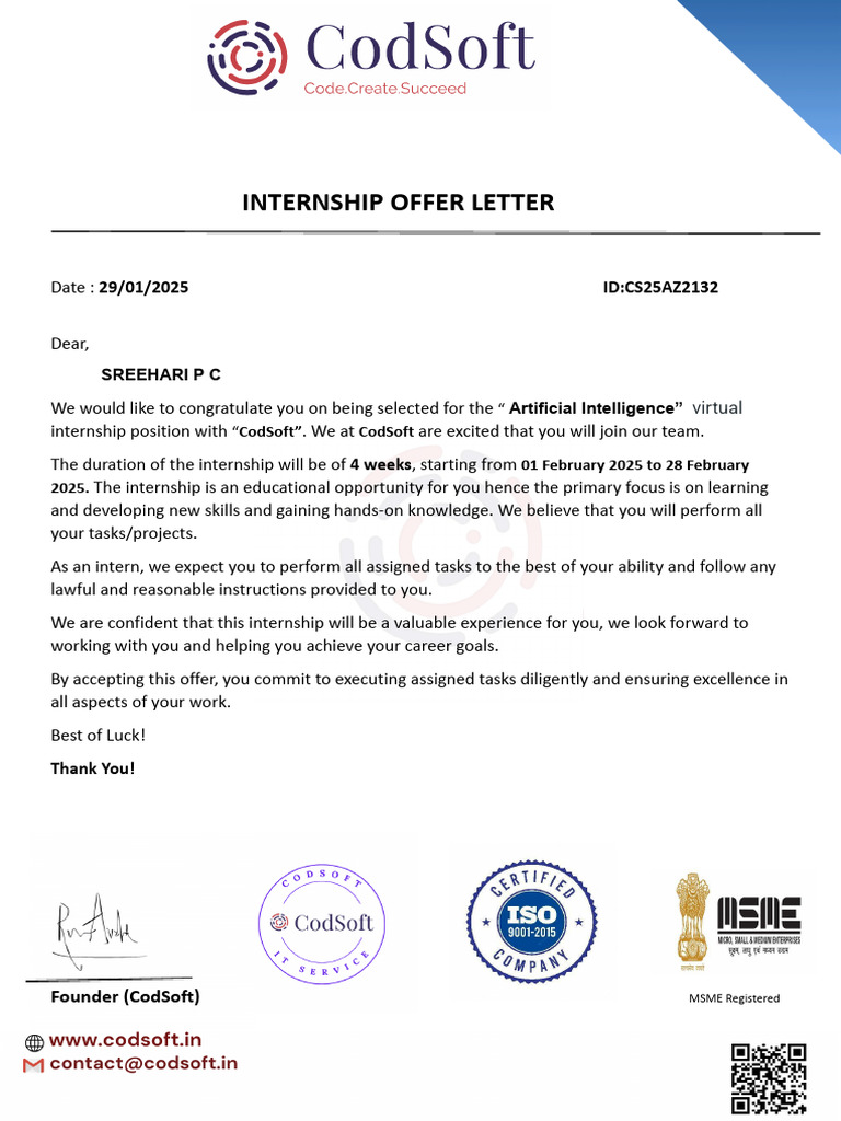 Internship Offer for AI Position at CodSoft | PDF
