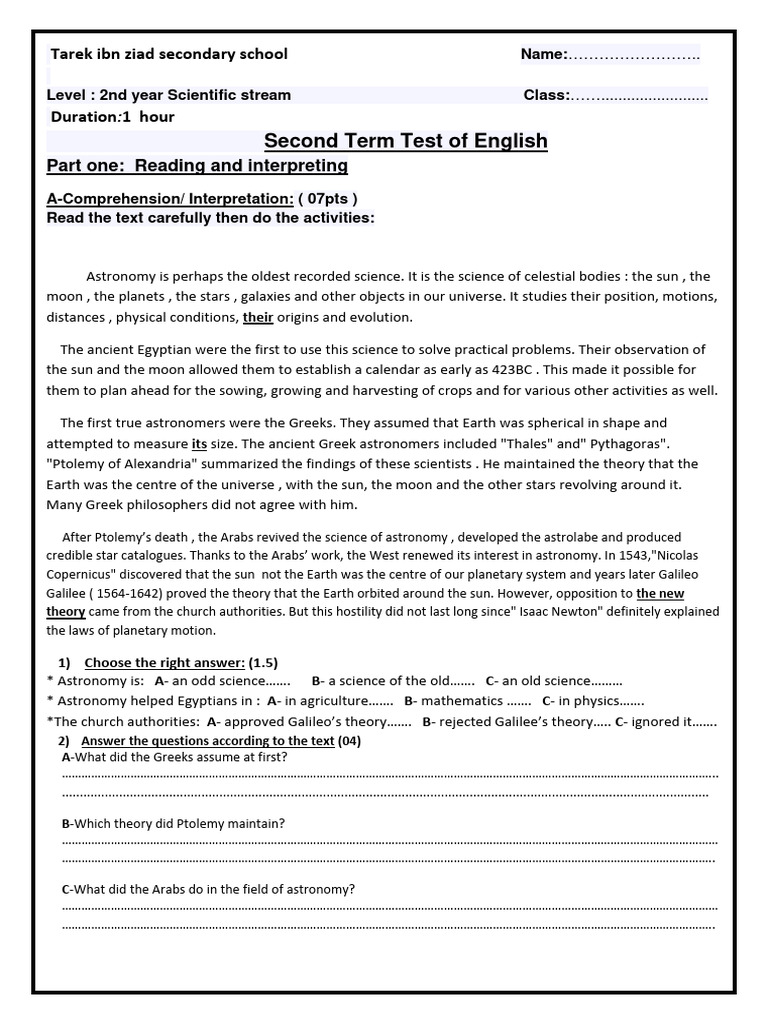 Dzexams 2as Anglais 100701 | PDF | Science | Astronomy