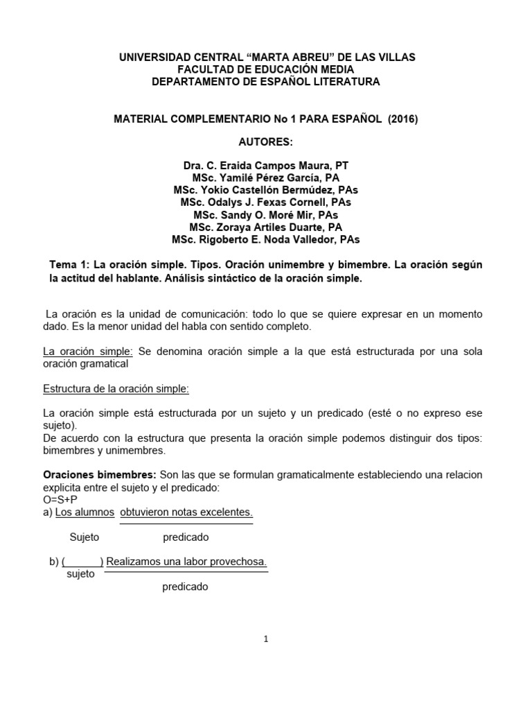 Materiales Complementarios 1 y 2 de Español | PDF | Verbo | Asunto (gramática)