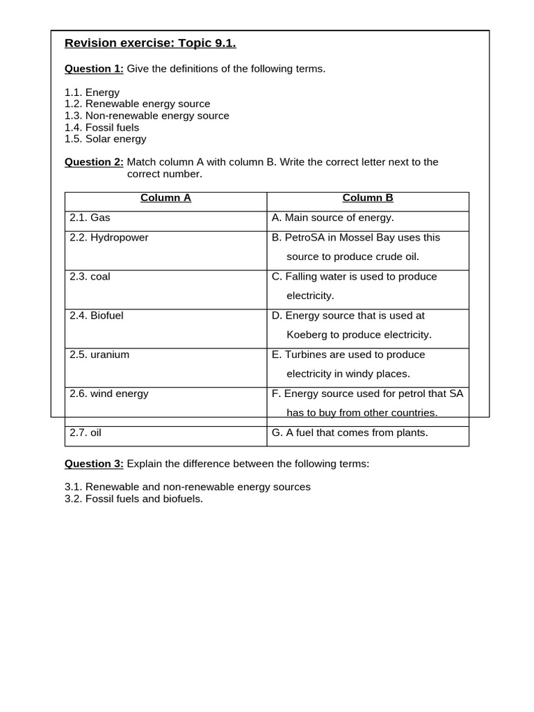 GRADE 7 NS Term 3 - Revision Concepts Worksheets | PDF | Energy ...