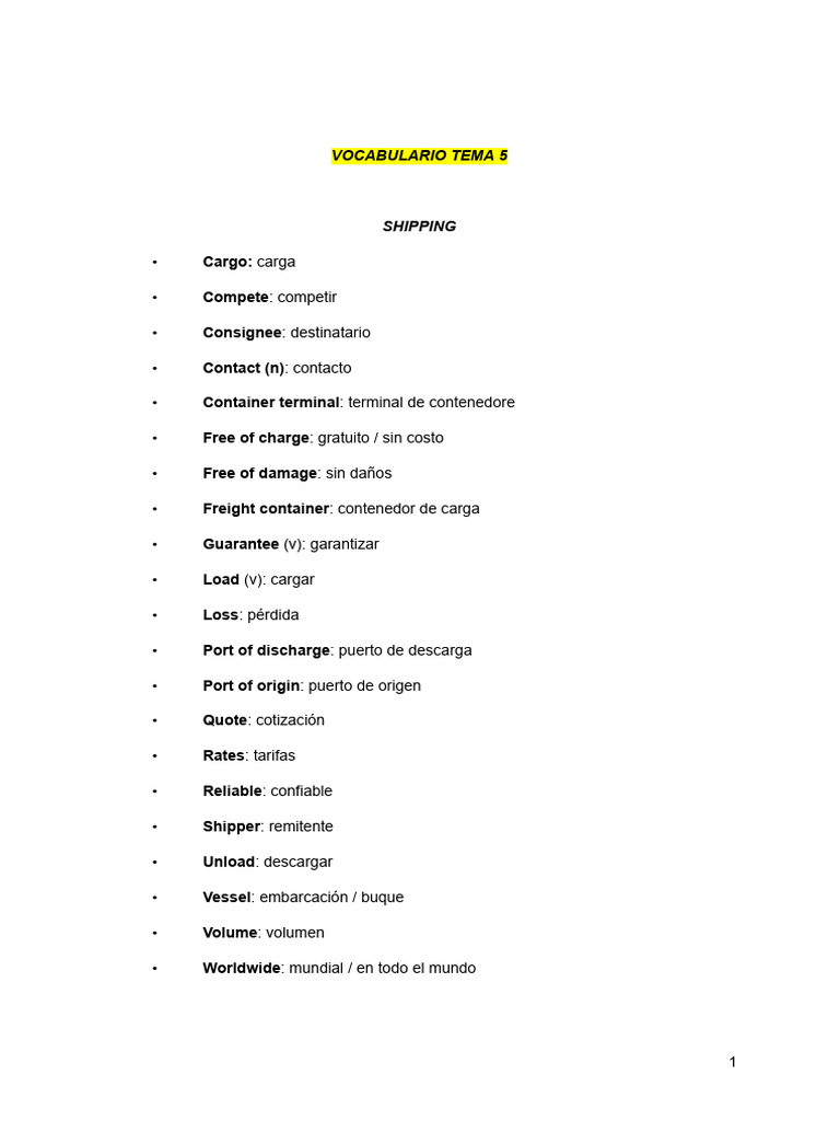 Vocabulario Clave de Shipping y Llamadas | PDF