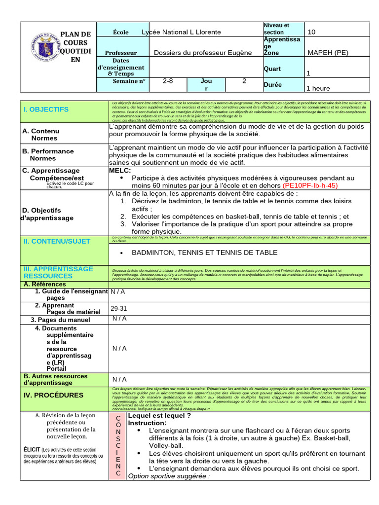 Plan de Leçon COT Q1 Pour MAPEH 10 ÉDUCATION PHYSIQUE (Sports de ...