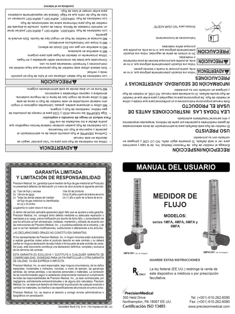Manual de Usuario y Guia Rápida - Flujometro - PRECISIONMEDICA | PDF | Oxígeno
