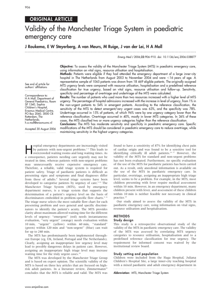 Manchester Triage System Validity in Pediatric ER | PDF | Emergency ...