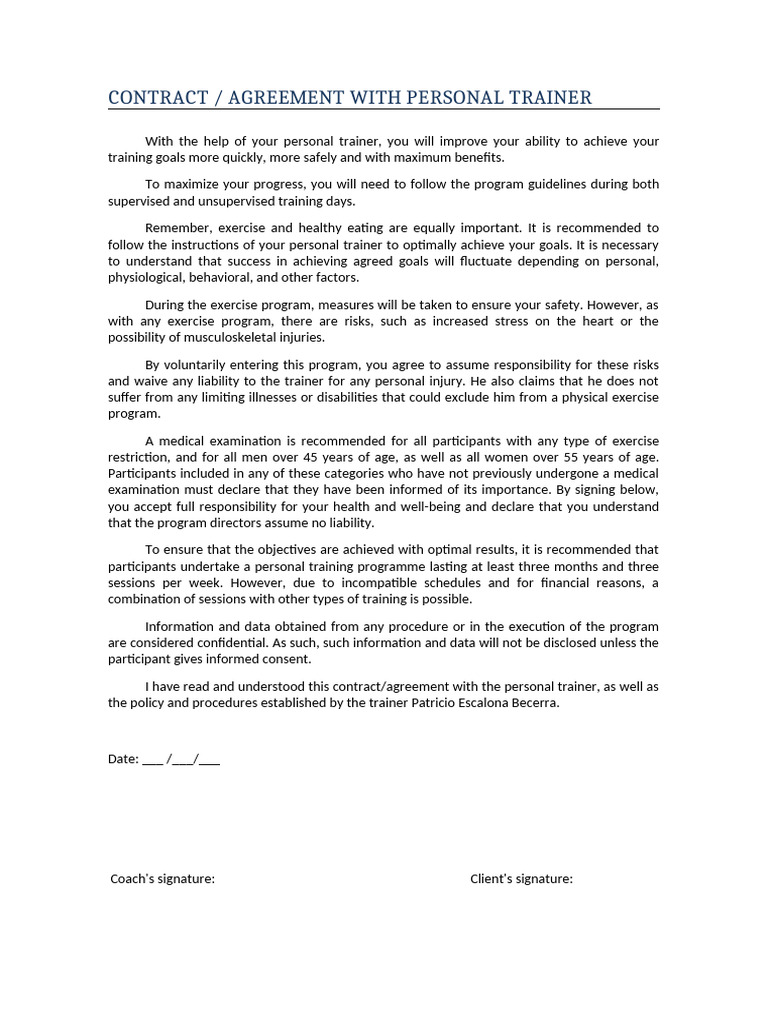 Personal Training Contract | PDF | Personal Trainer