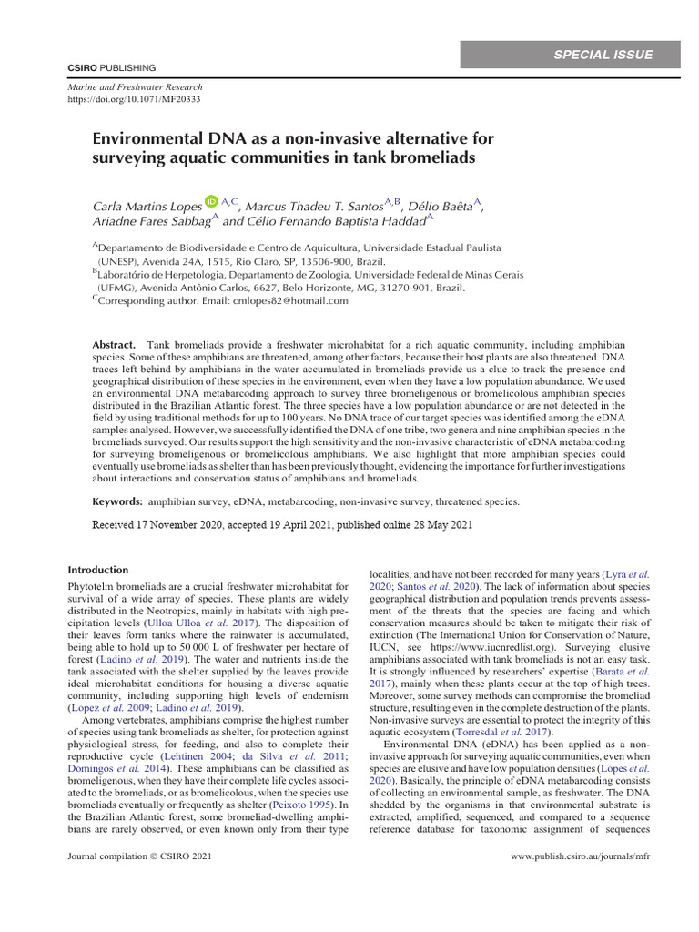 eDNA for Surveying Amphibians in Bromeliads | PDF | Polymerase Chain ...