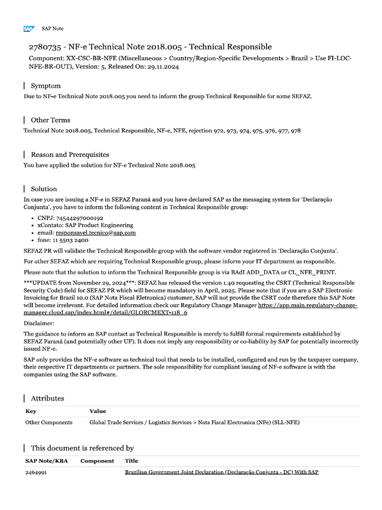 SAP Note 2780735 NT2018.005 - Technical Responsible | PDF