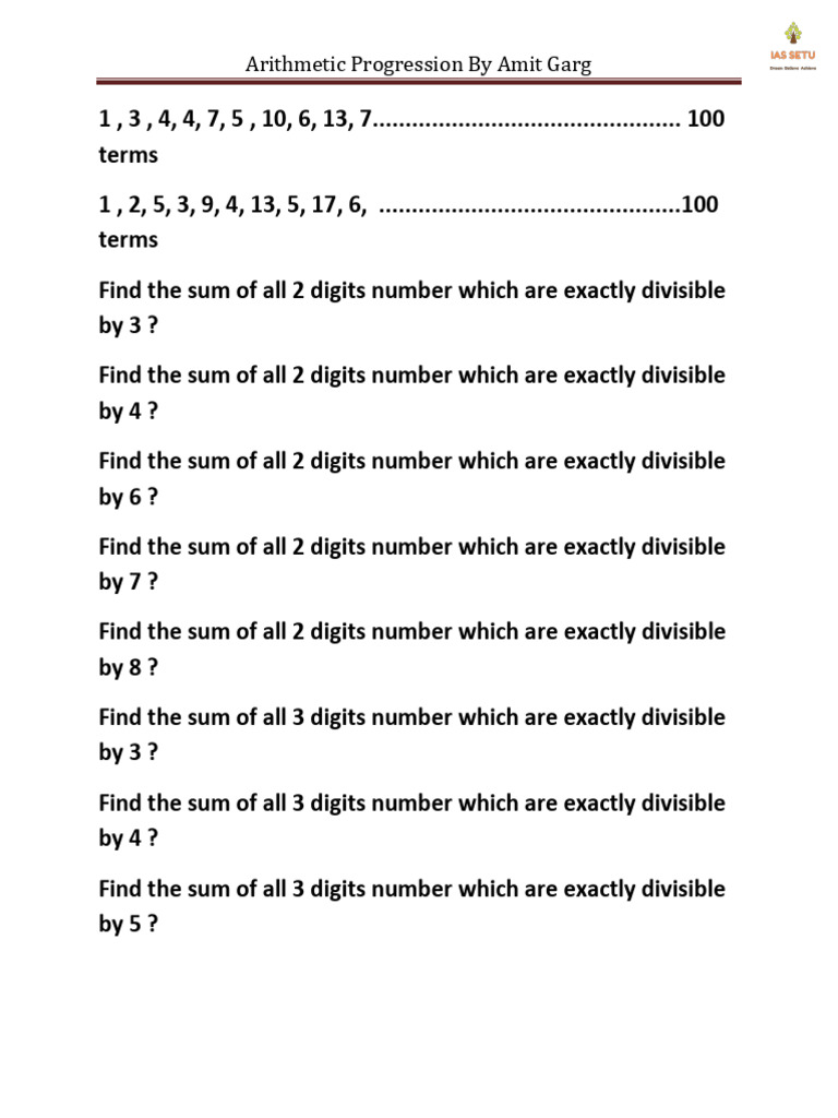 Arithmetic Progression and Sums of Numbers | PDF
