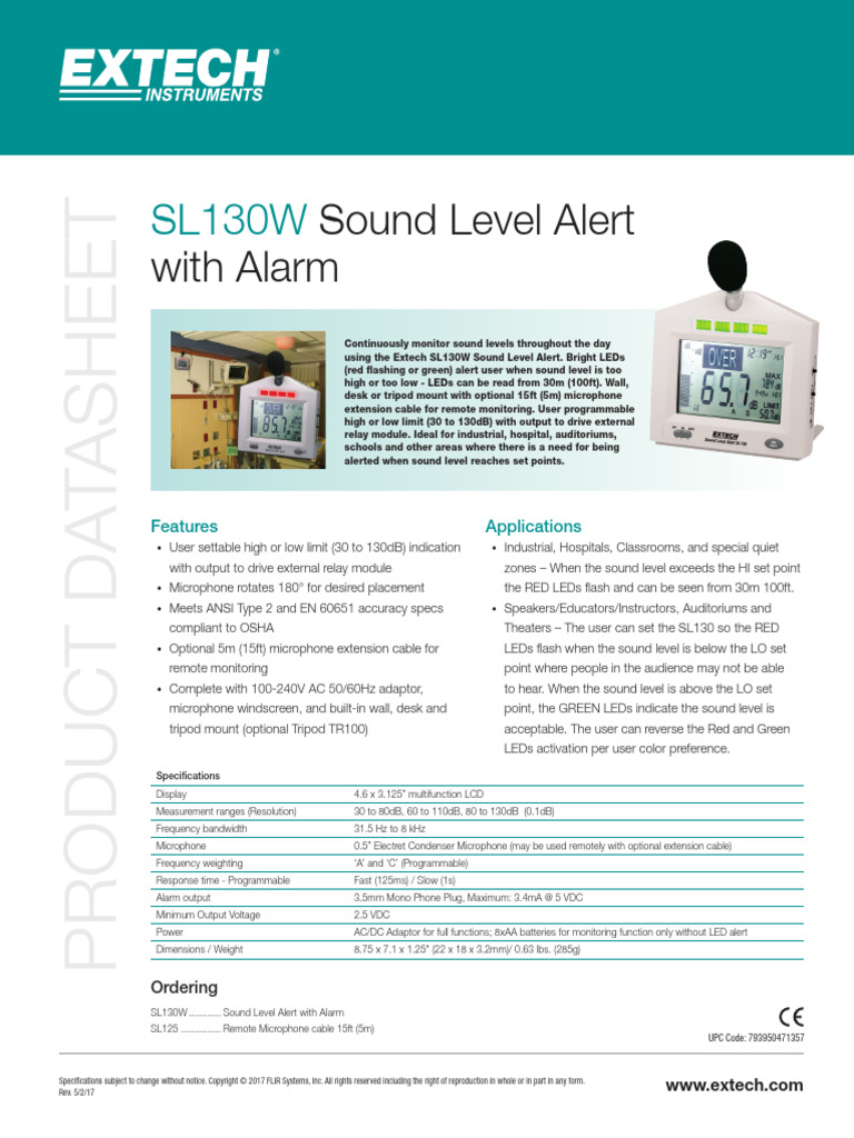 Extech SL130W Sound Level Alert Datasheet | PDF | Microphone | Light ...