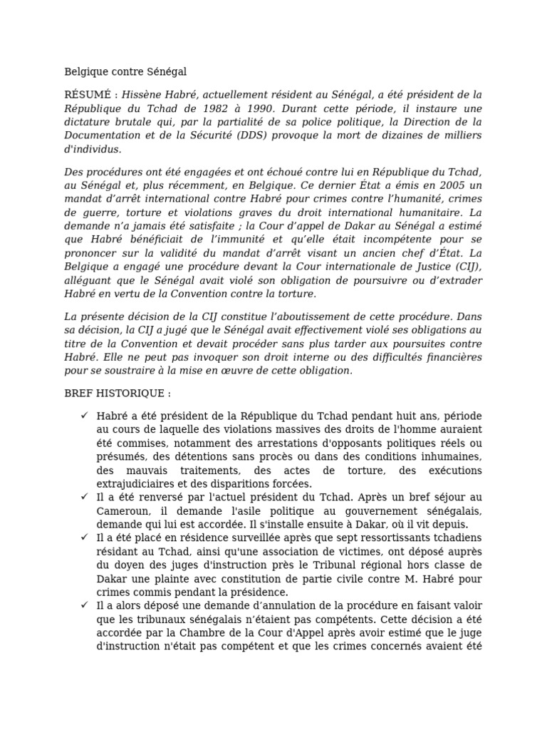 Belgique et Sénégal : Affaire Habré CIJ | PDF | Loi internationale | Tchad