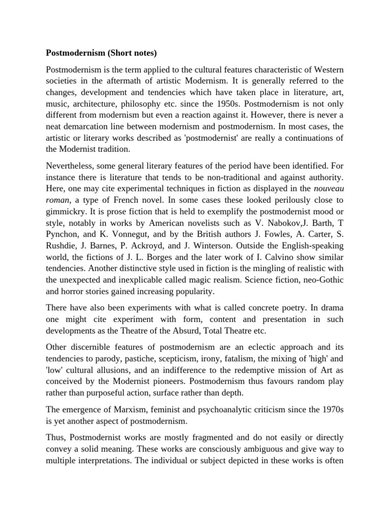 Postmodernism Short Notes | PDF | Postmodernism | Modernism