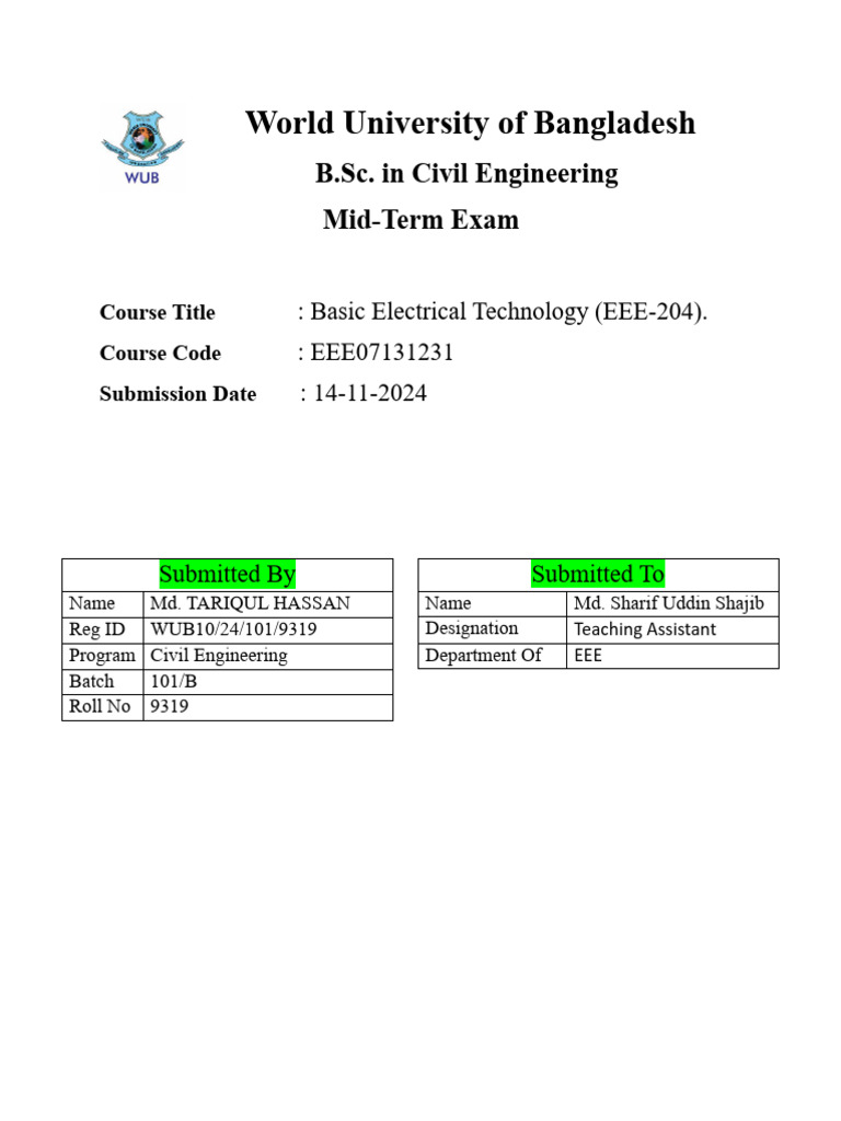 Mid-Term Exam: Basic Electrical Tech | PDF