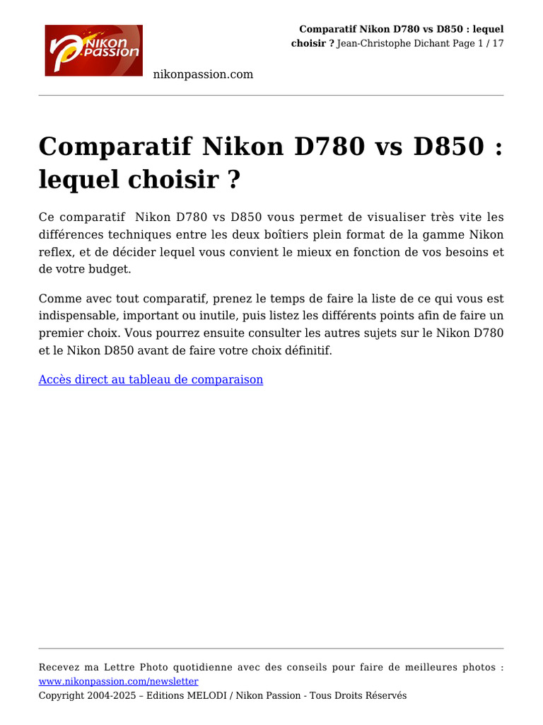Comparatif Nikon d780 Vs d850 Lequel Choisir | PDF | Appareil ...