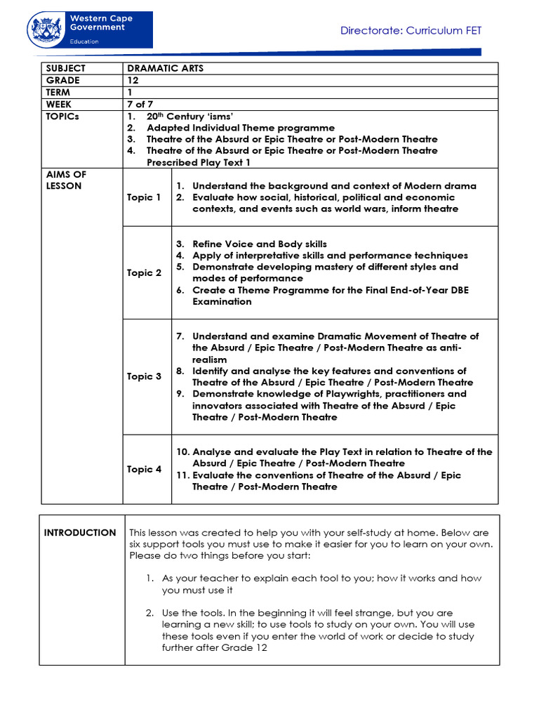 Dramatic Arts. Grade 12. Topics 1. 2. 3. 4. Theme Programme. 20th Century Movements. Term 1 ...