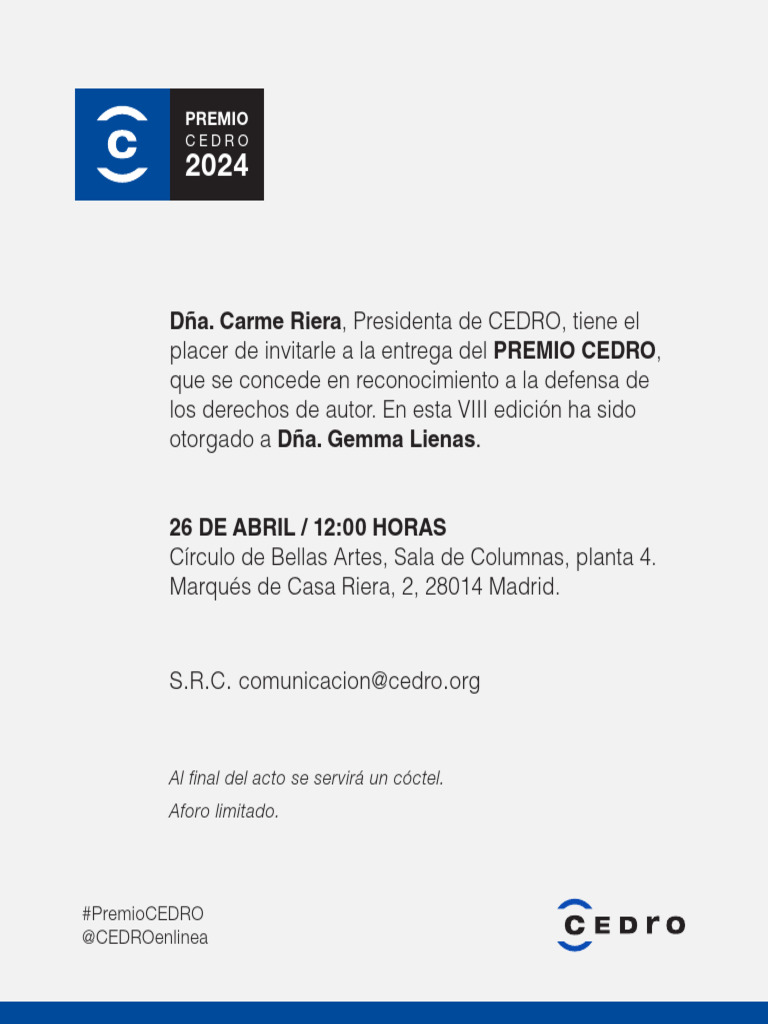 Pedro Sánchez. Invitación Premio CEDRO 2024 | PDF