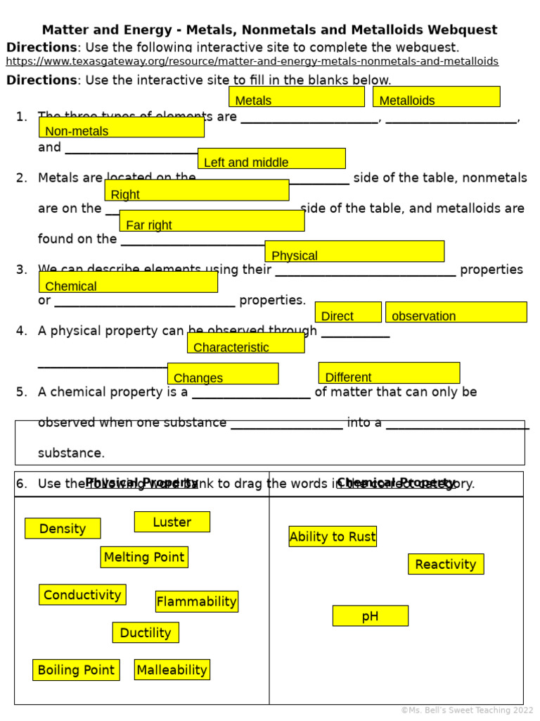 Metals, Nonmetals and Metalloids Webquest - Digital Version | PDF ...